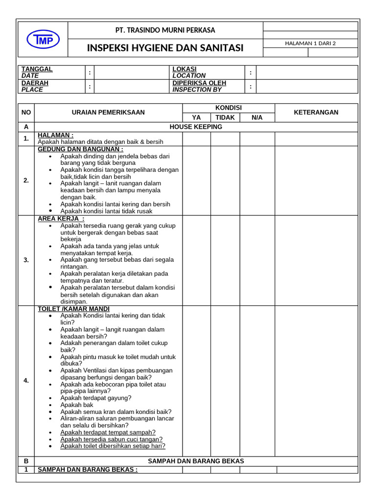 Inspeksi Hygiene Dan Sanitasi | PDF