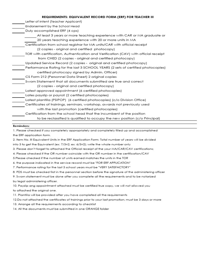 Erf Requirements Teacher Iii | PDF