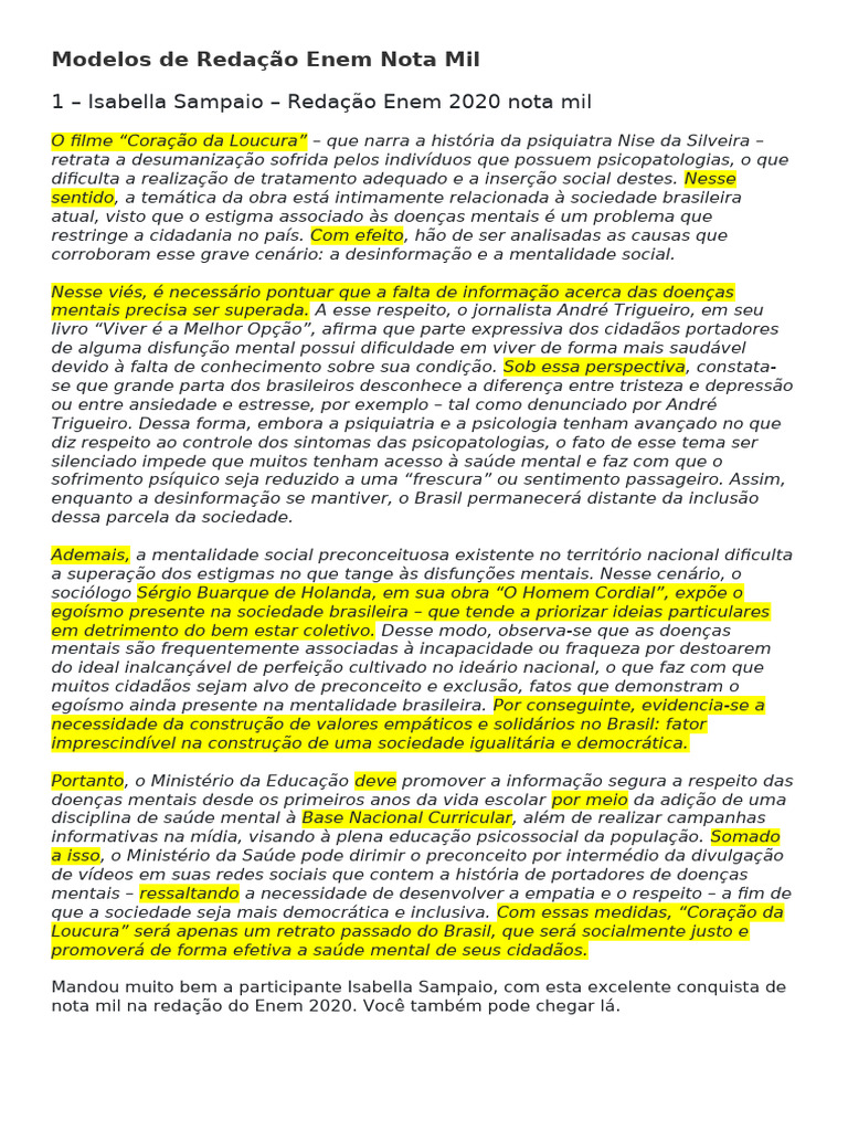 Modelos de Redação Enem Nota Mil | PDF