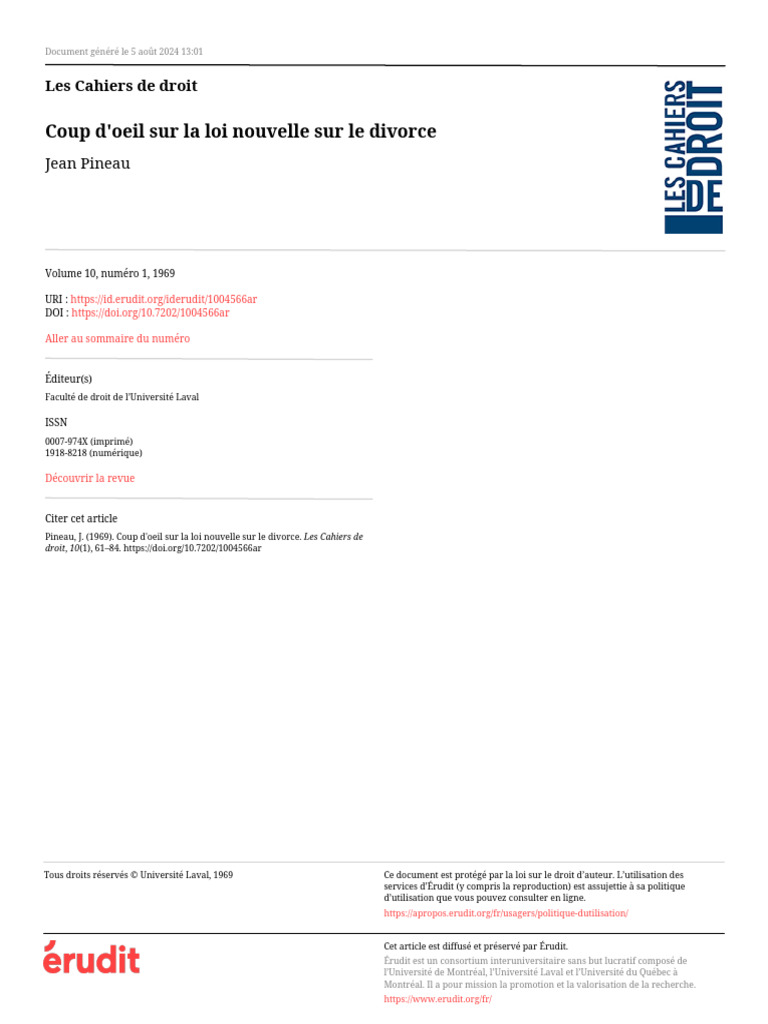 Coup D'oeil Sur La Loi Nouvelle Sur Le Divorce: Jean Pineau | PDF