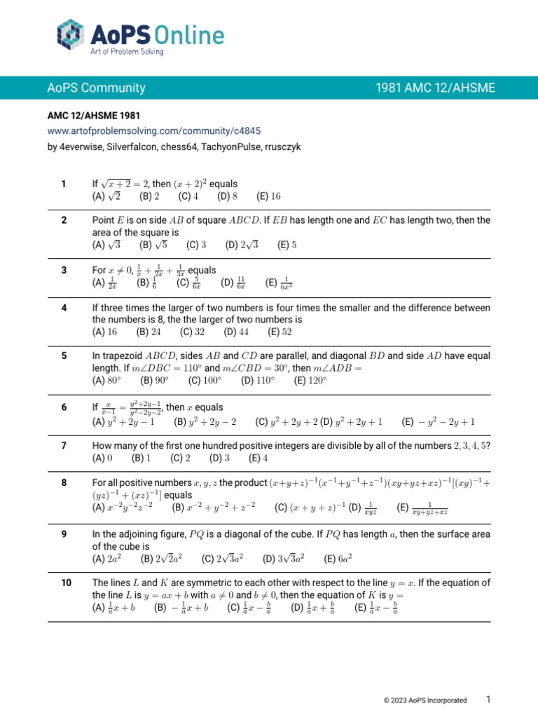 Amc 12-Ahsme 1981 | PDF