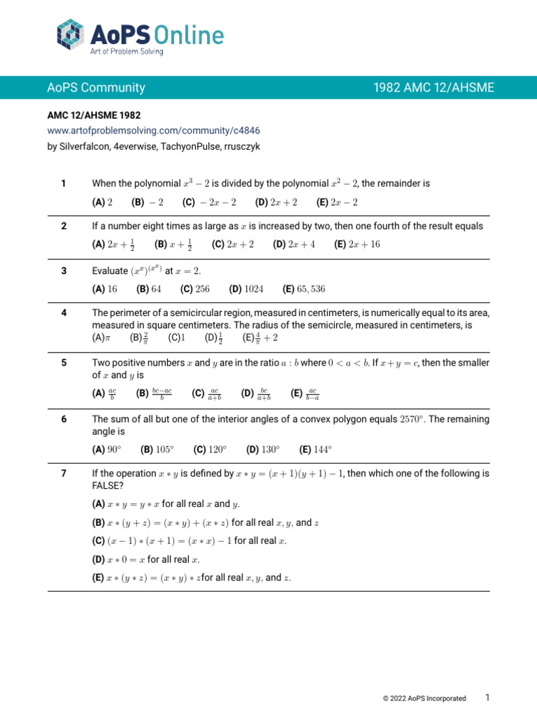 Amc 12-Ahsme 1982 | PDF