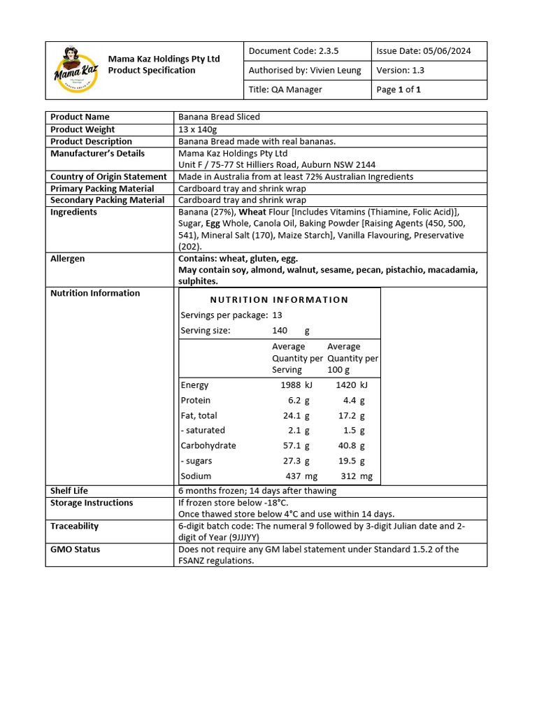 1094 24 Attachment Updated Banana Bread Spec Sheet | PDF