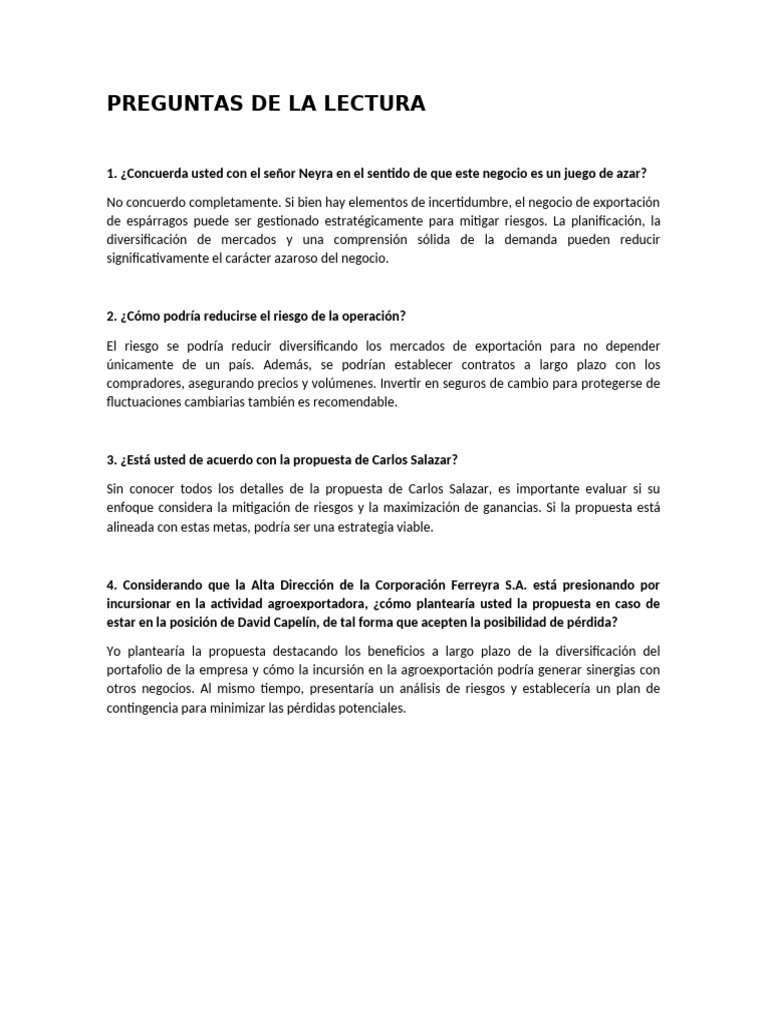 Preguntas de La Lectura en Clase | PDF | Negocios | Finanzas y dinero