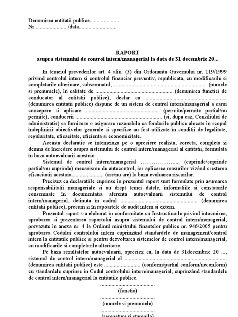 Raport Asupra Sistemului de Control Intern Managerial | PDF