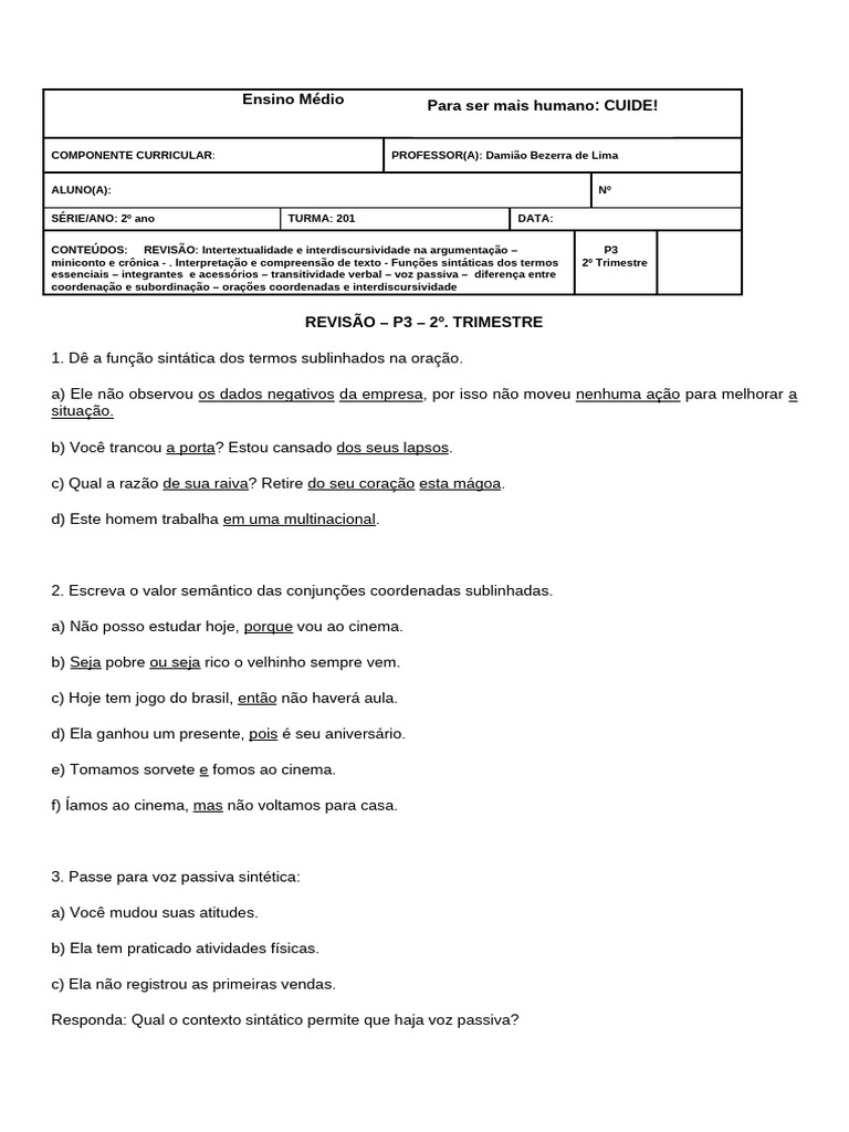REVISÃO - P3 - LP - 201 e 202 - 2024 - 3o Trimestre | PDF