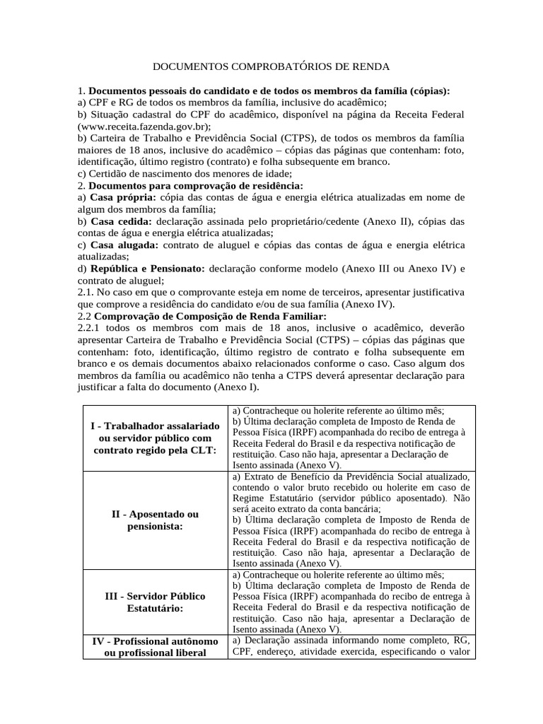 Documentos Comprobatórios de Renda | PDF