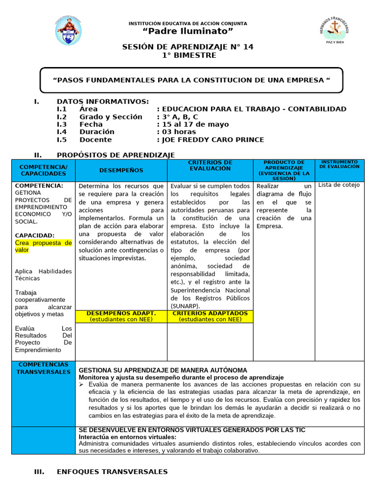 SESIÓN No 14 EPT 3o A, B, C PASOS FUNDAMENTALES PARA LA CONSTITUCION DE UNA EMPRESA | PDF