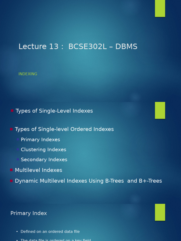Lecture 13 - BCSE302L - Indexing | PDF