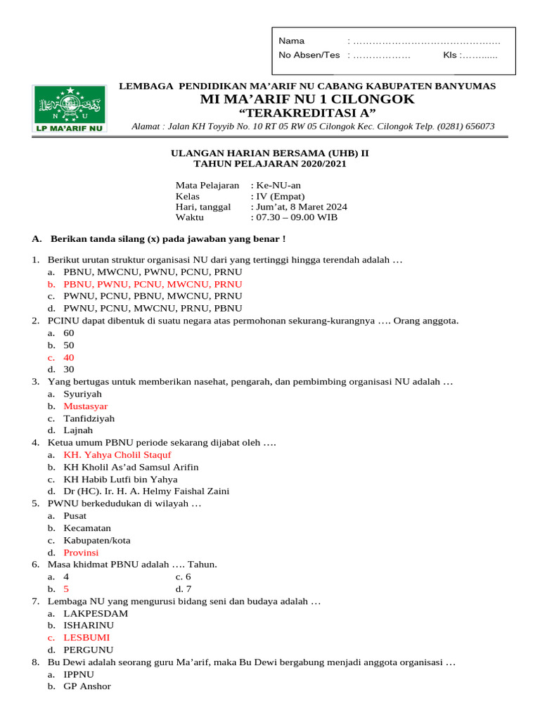 Ke-Nu-An Kelas 4 Uhb 2 - PTS 2 - TP 2023 - 2024 | PDF