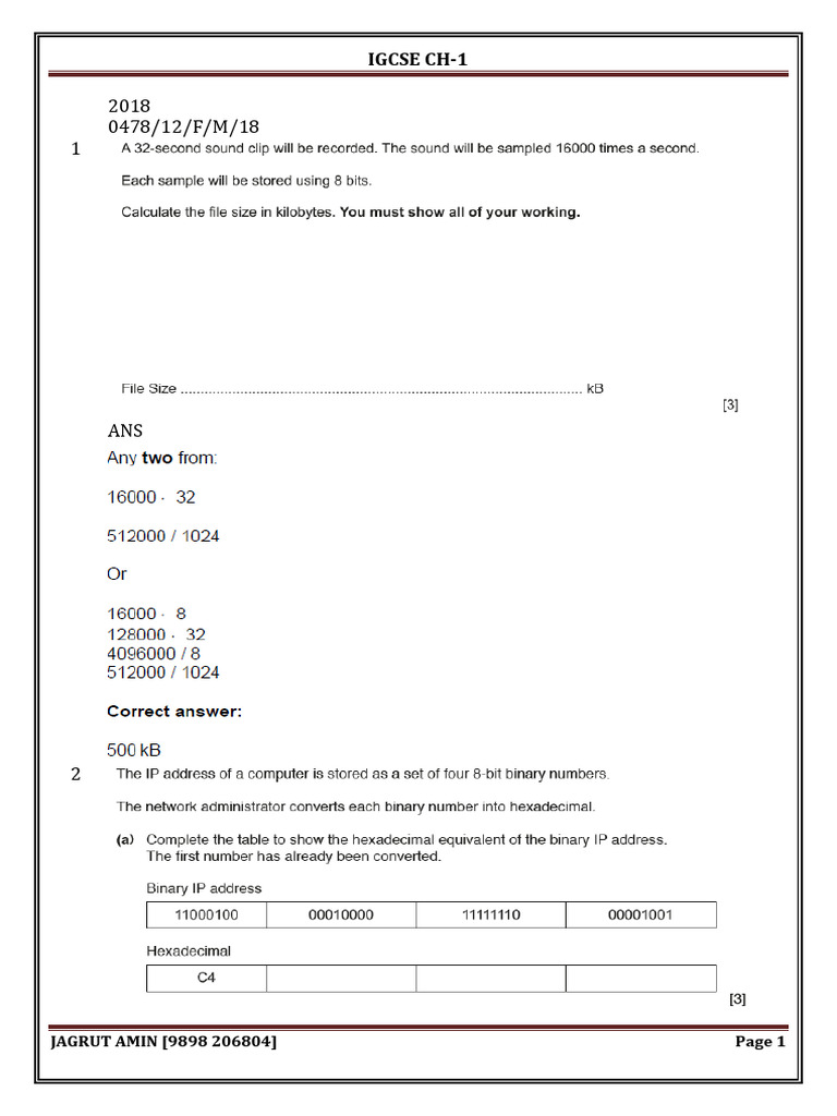Igcse Ch-1 Worksheet-4 Q and A | PDF