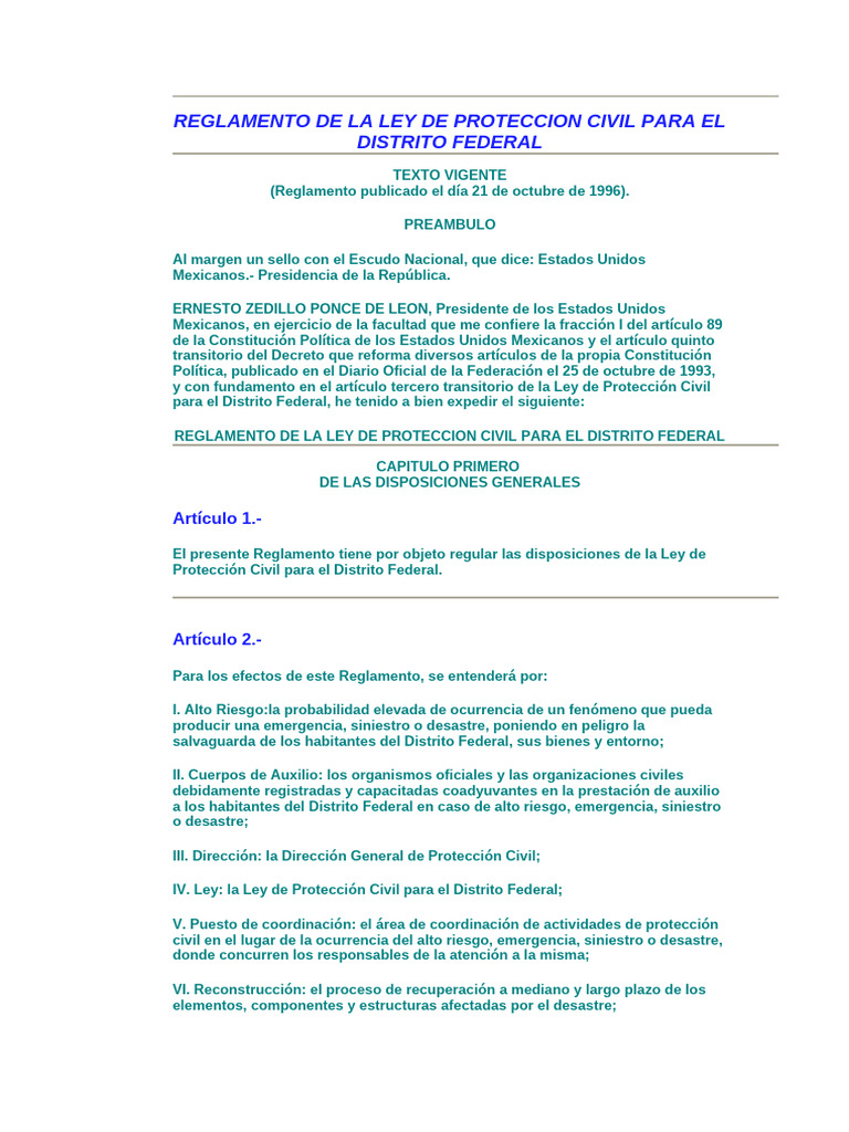 Reglamento de La Ley de Proteccion Civil para El Distrito Fe | PDF
