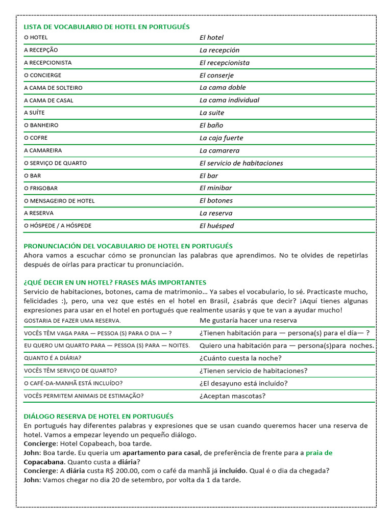 Lista de Vocabulario de Hotel en Portugués | PDF