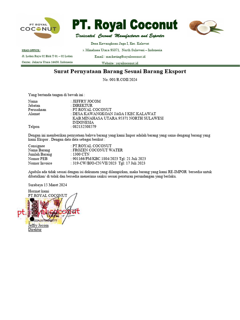 Surat Pernyataan Barang Sesuai Barang Eksport | PDF