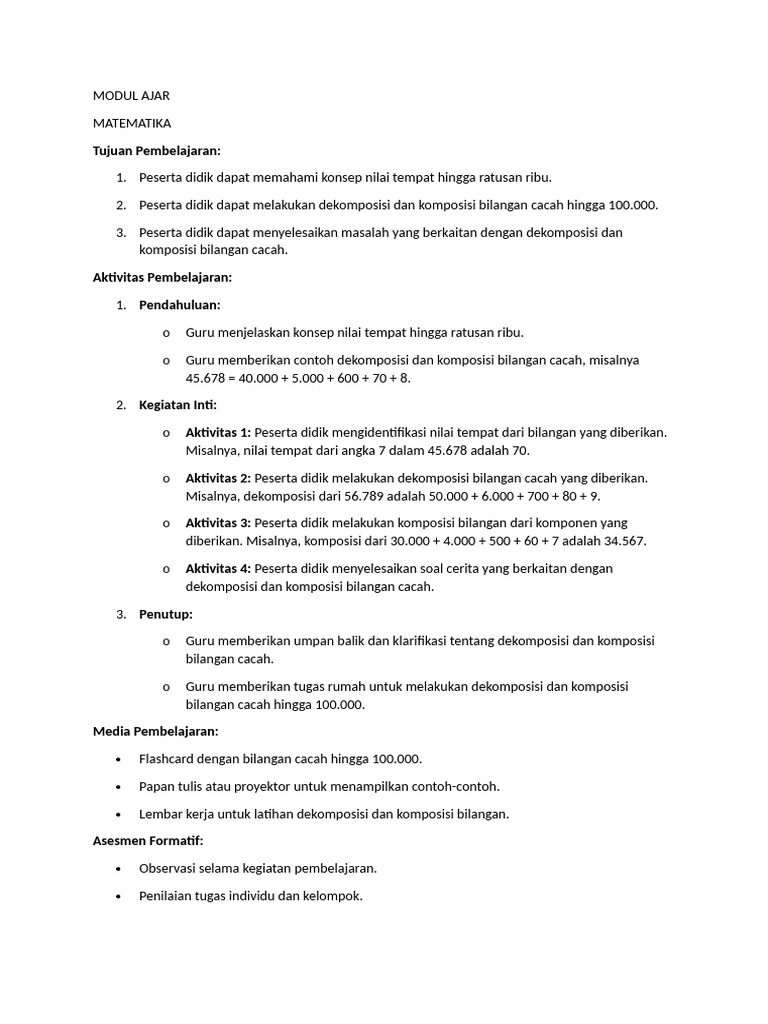 MODUL AJAR Matematika Bil Cacah Komposisi Dekomposisi | PDF