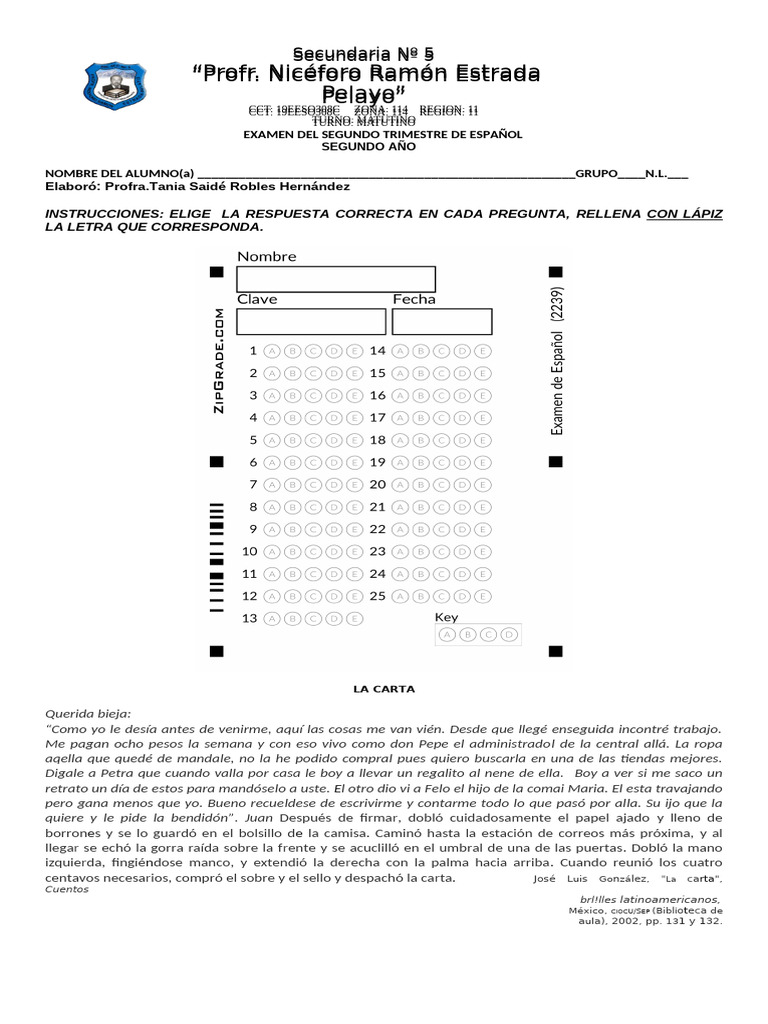 Examen Español 2 2do Grado 2do Trim Ciclo 23-24 | PDF