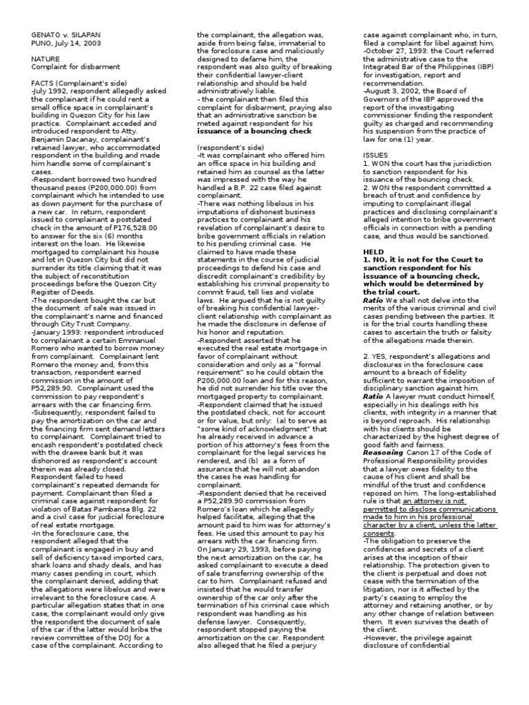 Genato V Silapan Digest | PDF | Lawyer | Defamation