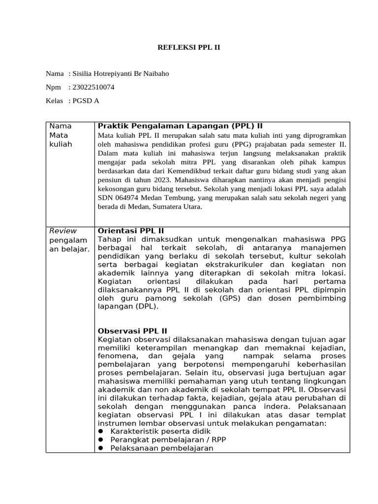 Jurnal Refleksi PPL 2 | PDF