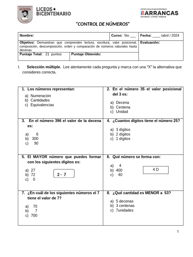 5to - Control Números | PDF