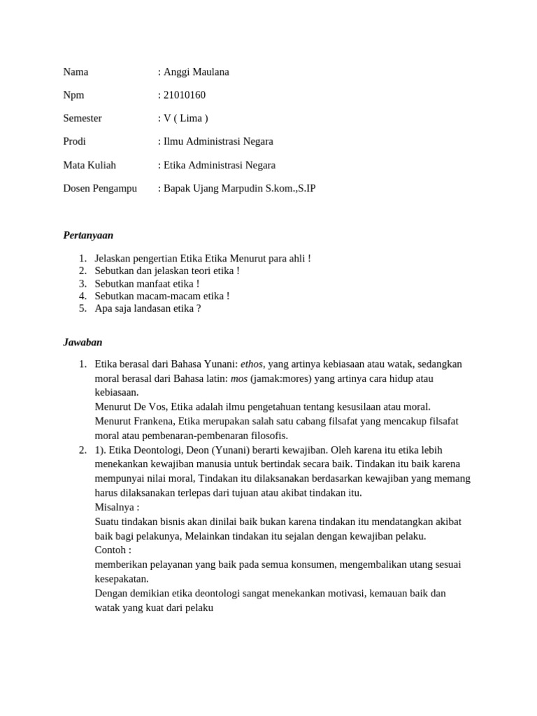 Anggi Maulana 21010160 Tugas Etika Administrasi Negara | PDF