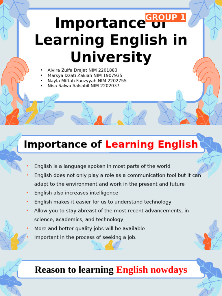 Group 1 - Importance of Learning English in University | PDF