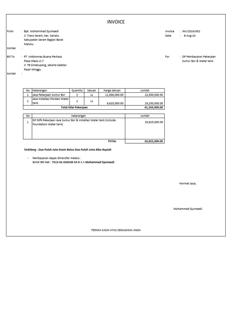 Draft Invoice Sumur Bor | PDF