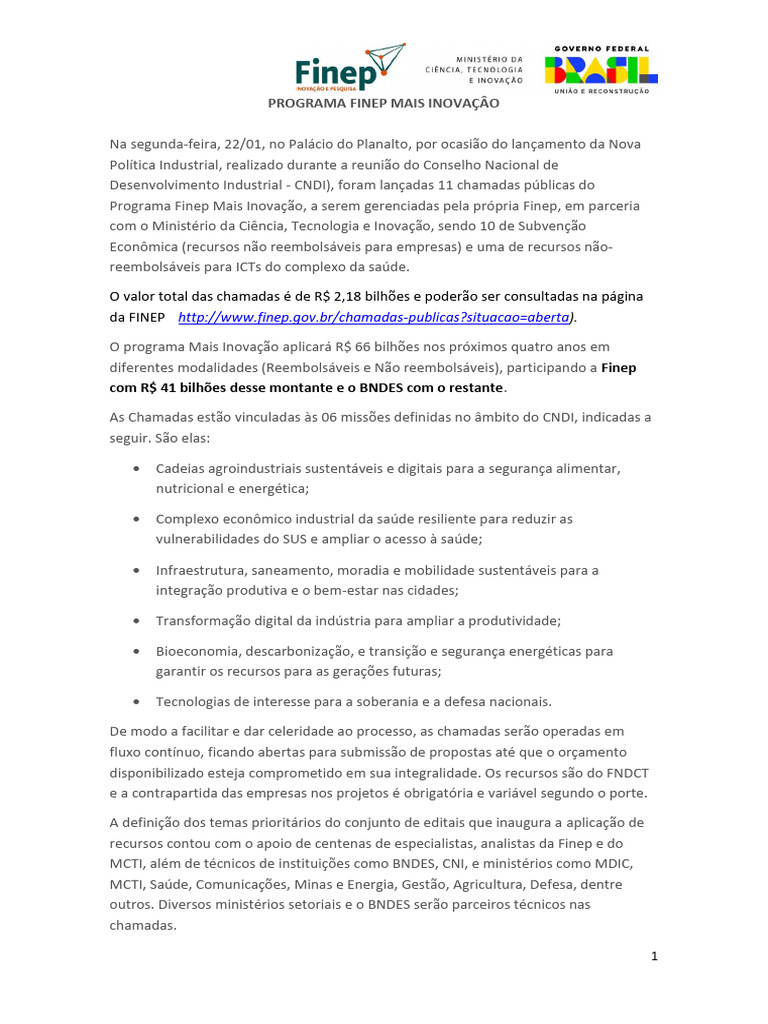 Chamadas Programa FINEP MAIS INOVAÇÃO | PDF