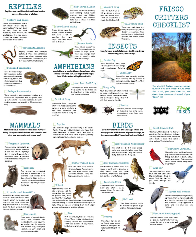 Frisco Critters Checklist | PDF | Frog | Snake