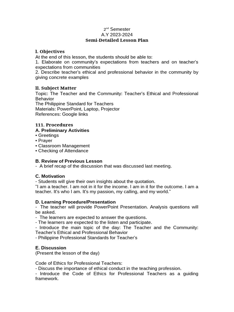 Semi Detailed Lesson Plan Prof Ed 5 | PDF