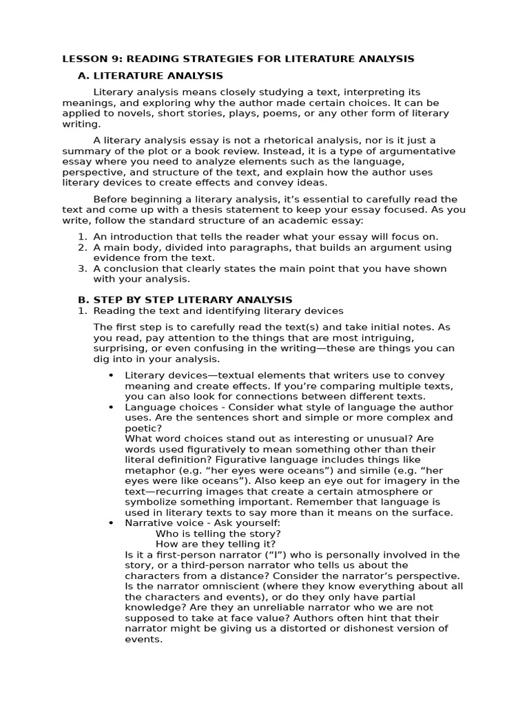 Lesson 9 Literary Analysis | PDF