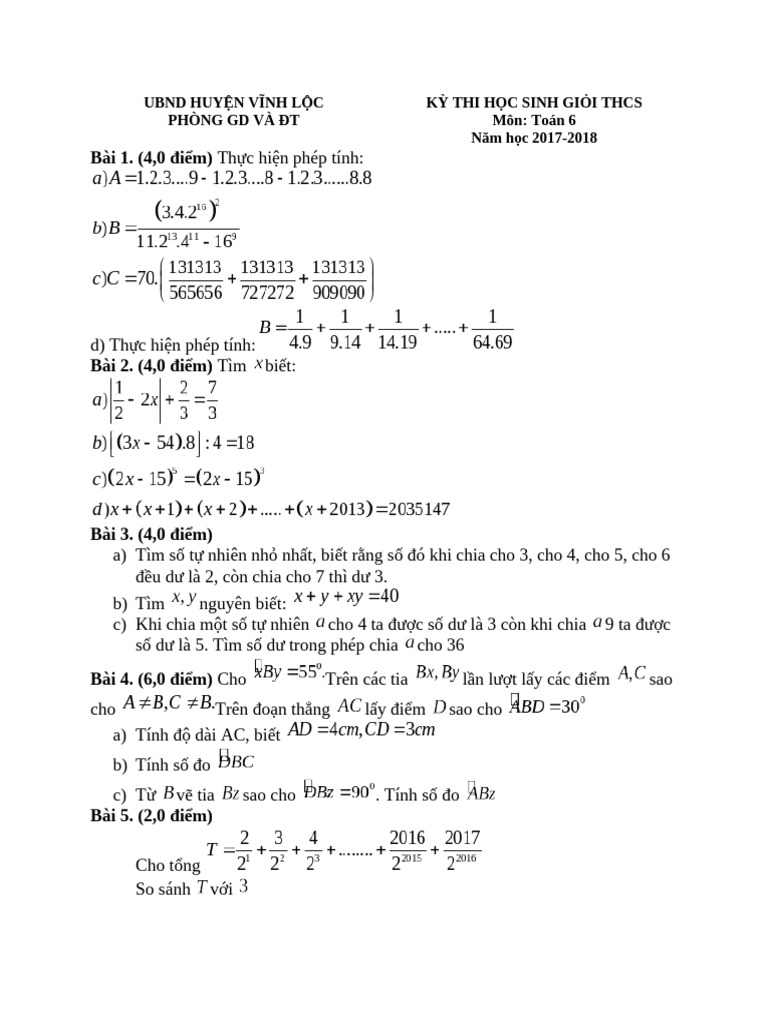 019 - Đề HSG Toán 6 - Vĩnh Lộc - 2017-2018 | PDF