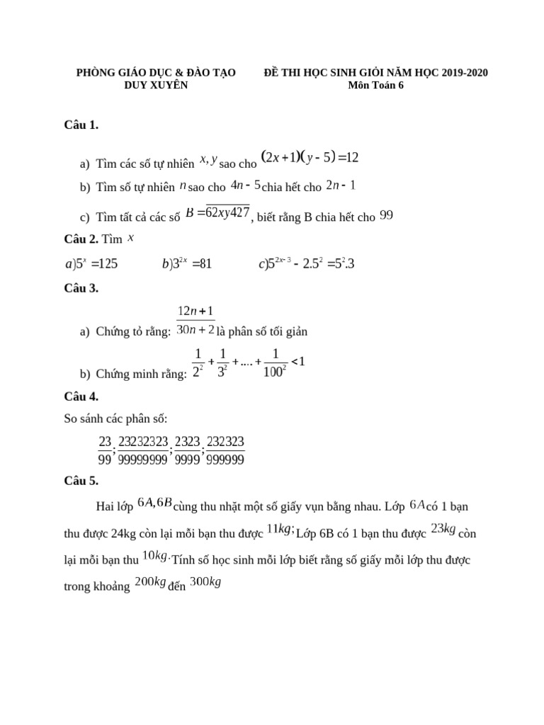 021 - Đề HSG Toán 6 - Duy Xuyên - 2019-2020 | PDF