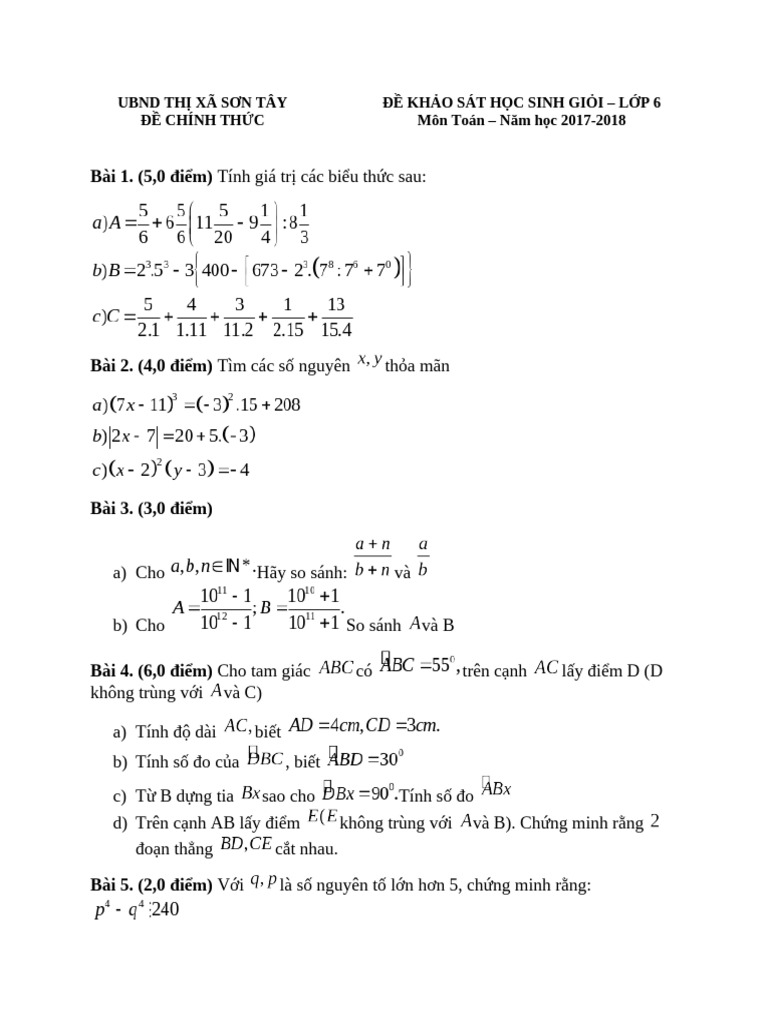 031 - Đề HSG Toán 6 - Sơn Tây - 2017-2018 | PDF