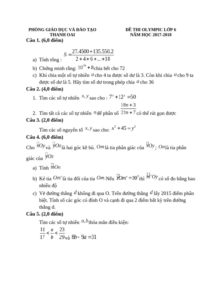 045 - Đề HSG Toán 6 - Thanh Oai - 2017-2018 | PDF