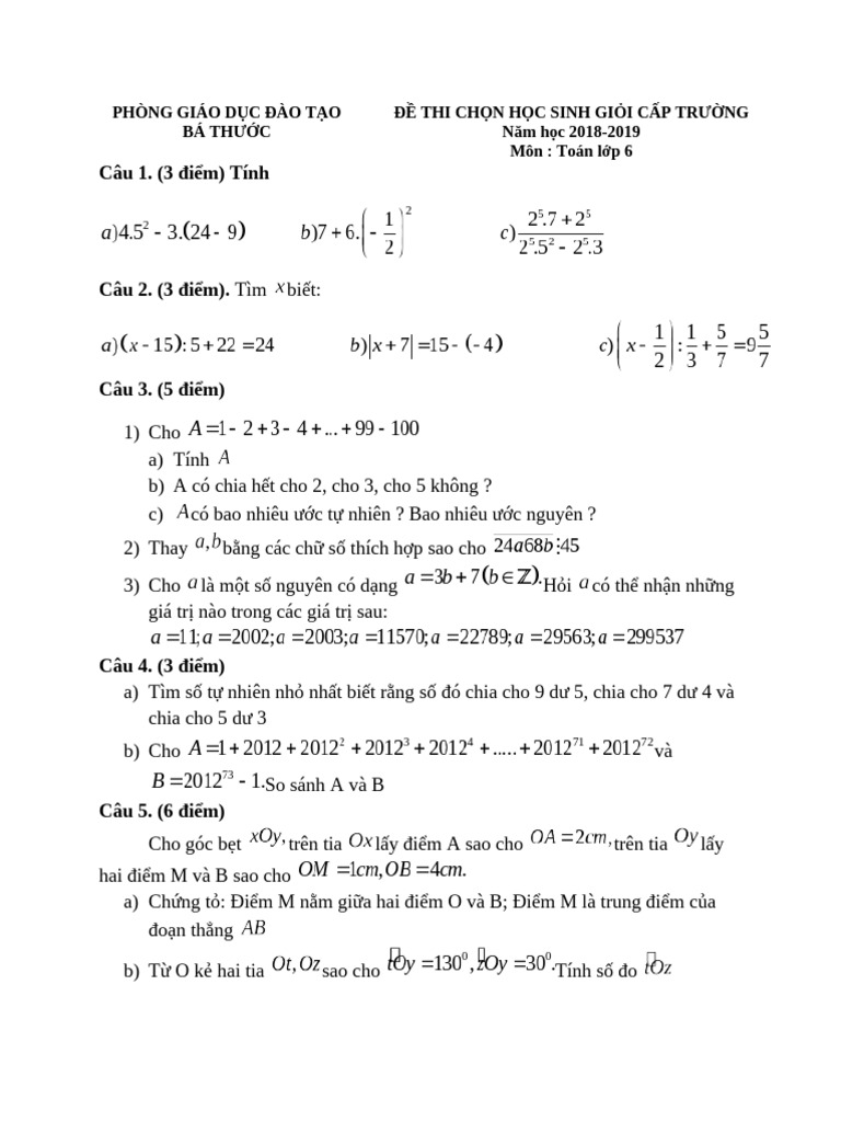 067 - Đề HSG Toán 6 - Bá Thước - 2018-2019 | PDF