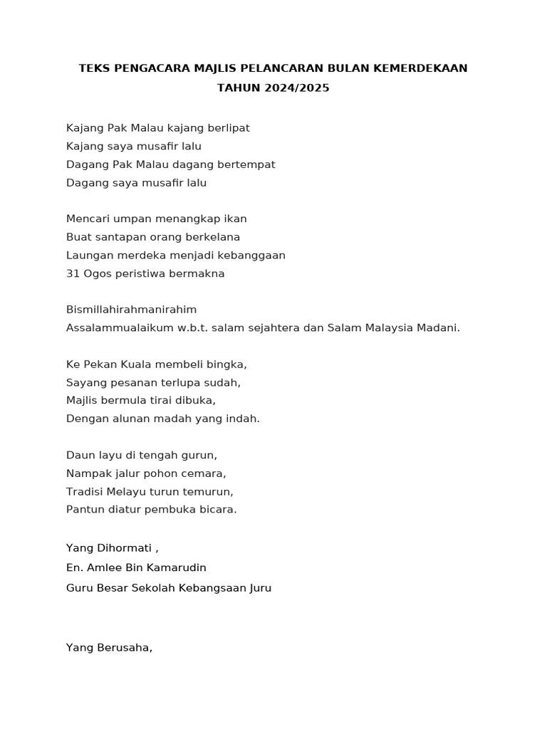 Teks Pengacara Majlis Pelancaran Bulan Kemerdekaan | PDF Teks Pengacara Majlis Pelancaran Bulan Kemerdekaan | PDF