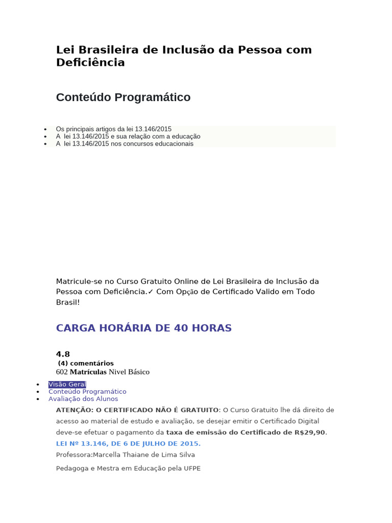 Lei Brasileira de Inclusão Da Pessoa Com Deficiência | PDF