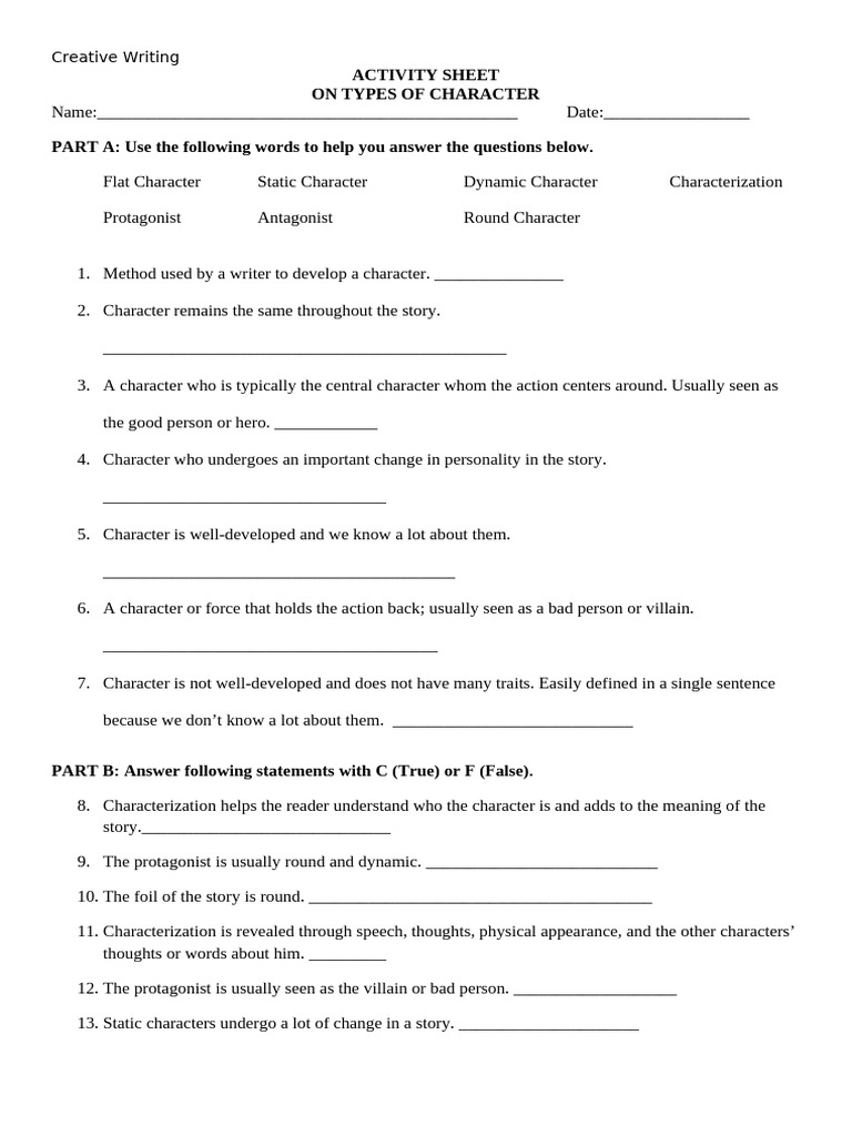 Activity Sheet On Types of Character PART A: Use The Following Words To ...