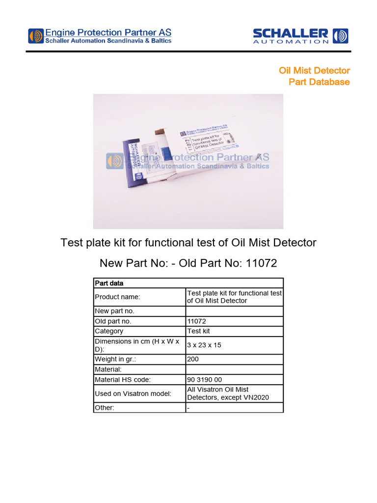Oil Mist Detector Test Plate Kit | PDF | Finance & Money Management | Technology & Engineering