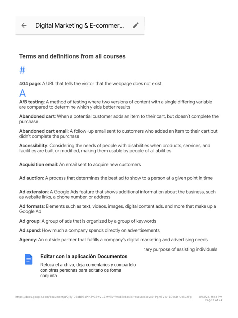 Digital Marketing & E-Commerce Certificate Glossary | PDF