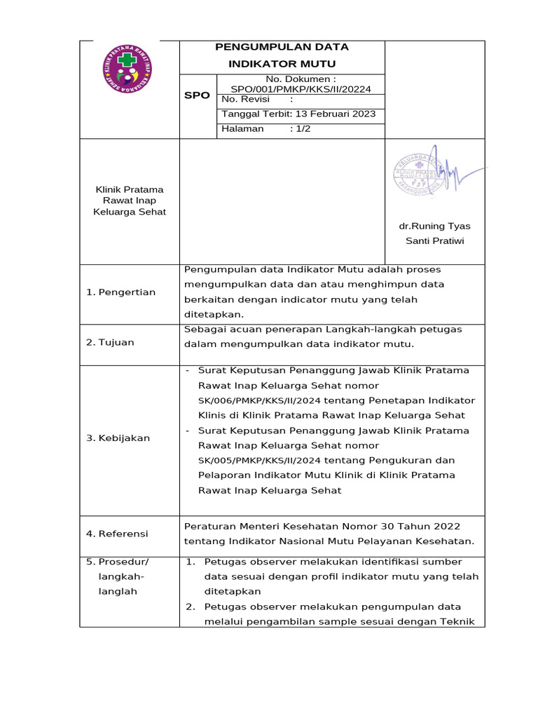 Sop Pengumpulan Data Indikator Mutu | PDF