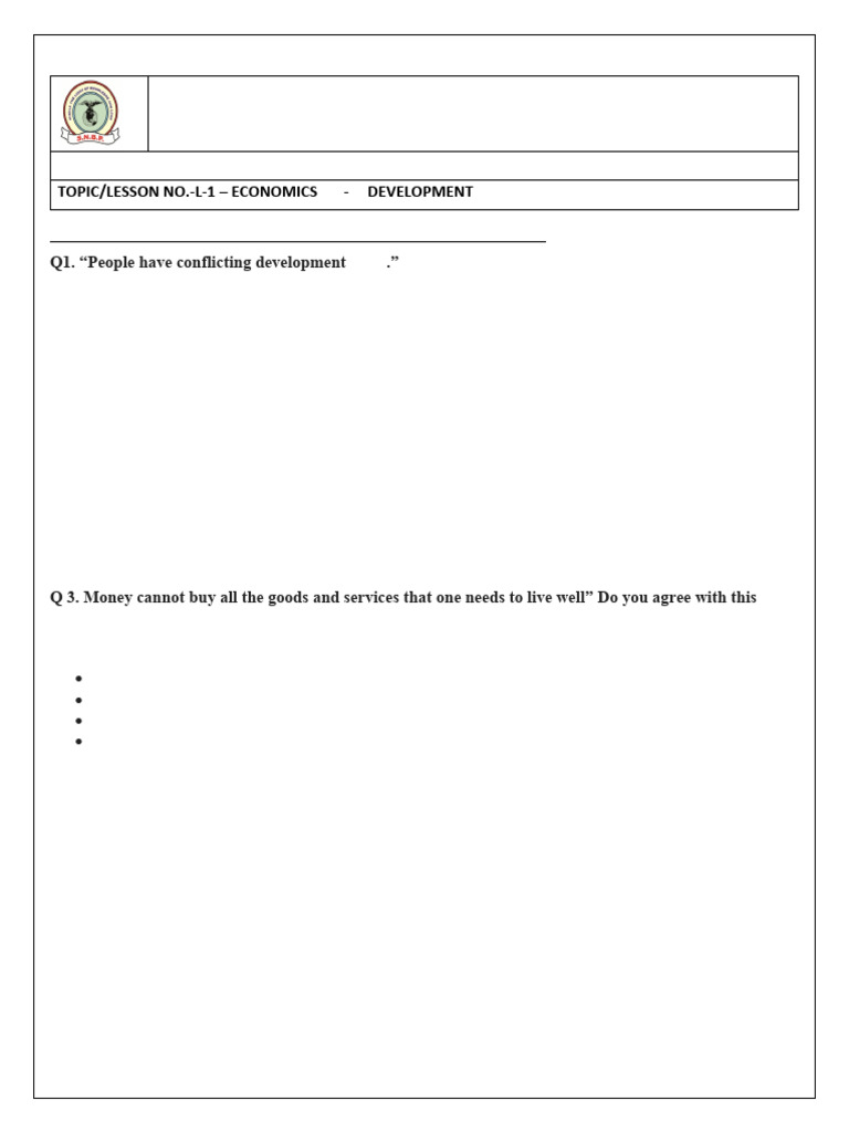 CLASS 10 - Worksheet1 - ECONOMICS - CH-1-DEVELOPMENT | PDF