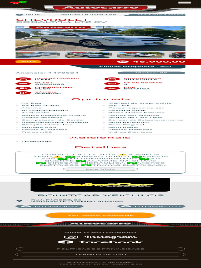 CHEVROLET COBALT 1.4 LTZ 8V 2015, POINTCAR VEICULOShhhd Autocarro - Revendas Veículos Carros ...