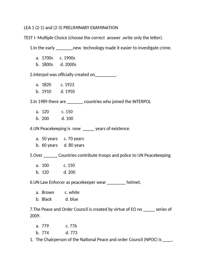 Set B - Lea 1 Preliminary Examination | PDF | Peacekeeping | International Relations