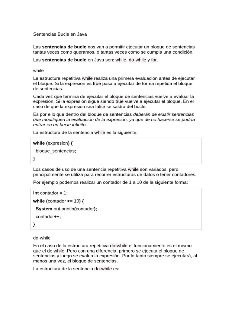 Sentencias Bucle en Java | PDF Sentencias Bucle en Java | PDF