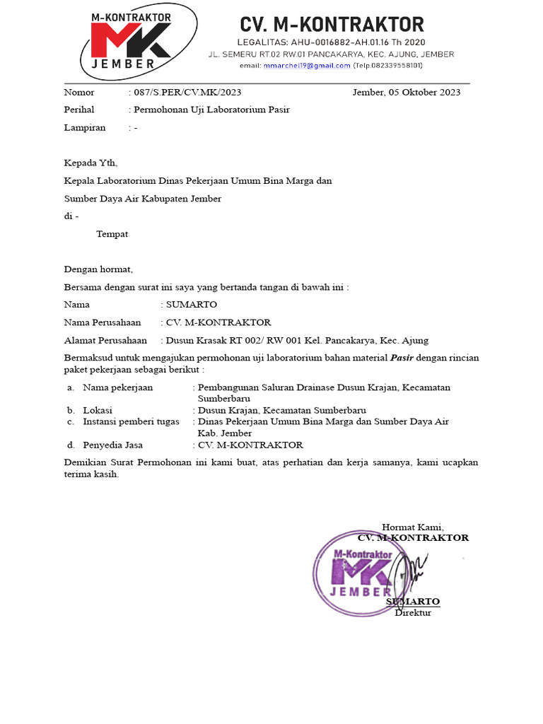 SURAT PERMOHONAN Uji Lab Pasir | PDF