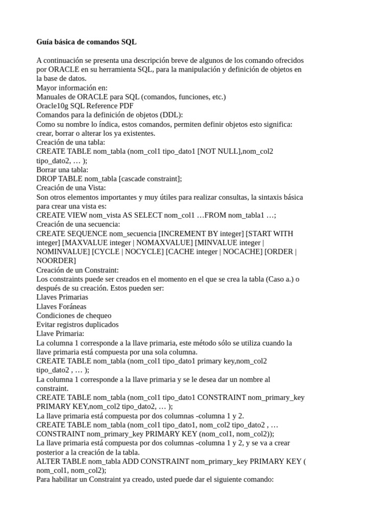 Guía Básica de Comandos SQL | PDF