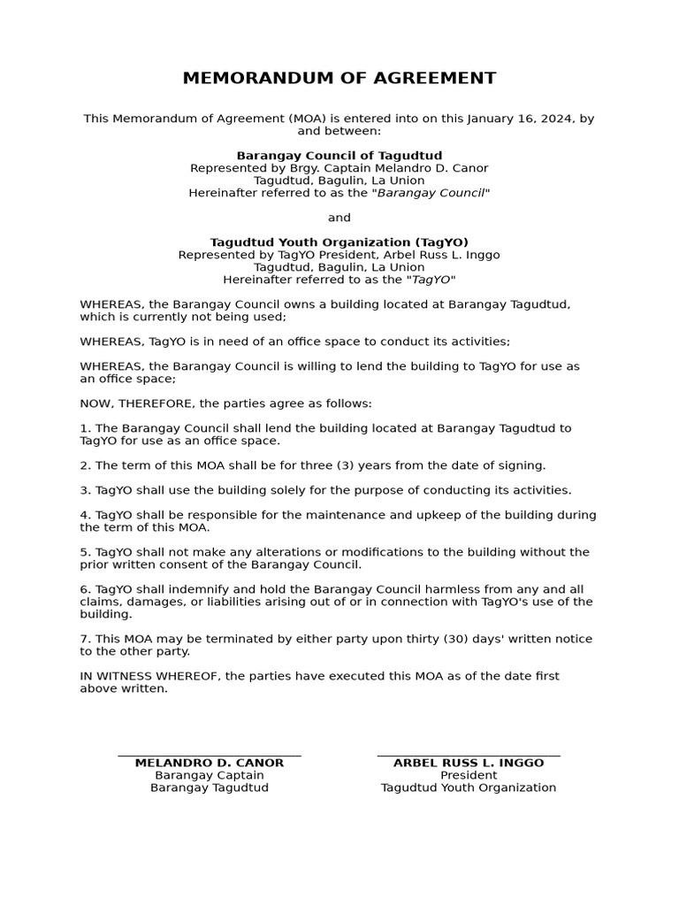 MEMORANDUM OF AGREEMENT - Building - TagYO | PDF