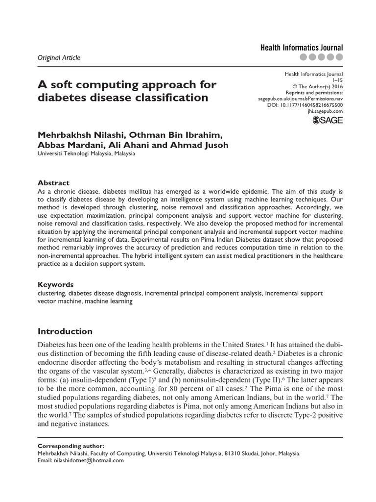 A Soft Computing Approach For Diabetes Disease Classification | PDF