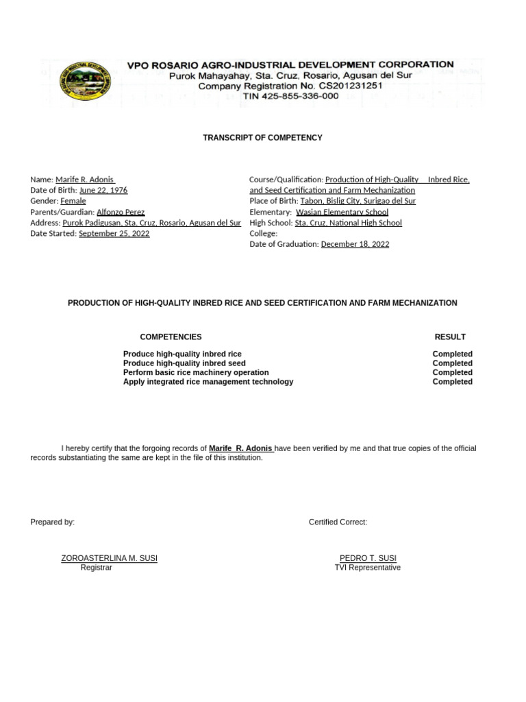 Ffs Transcript of Competency Batch 11 2022 New | PDF